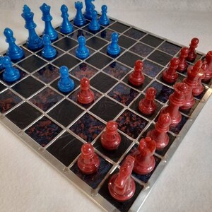 Double Sided Chess Set With Stained Glass Board & Matching Blue and Red ...