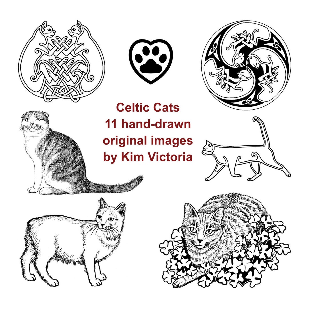 Cats Printables, Celtic Cats 11 Original Clip Art Illustrations by Kim ...