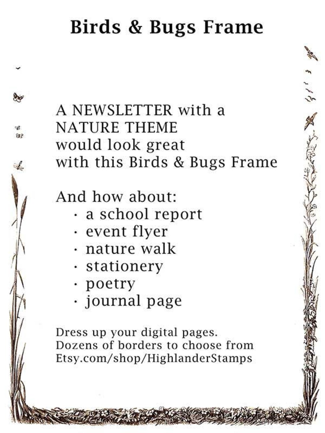 Bird Printables, Digital Download Birds and Bugs Frame, Illustration ...