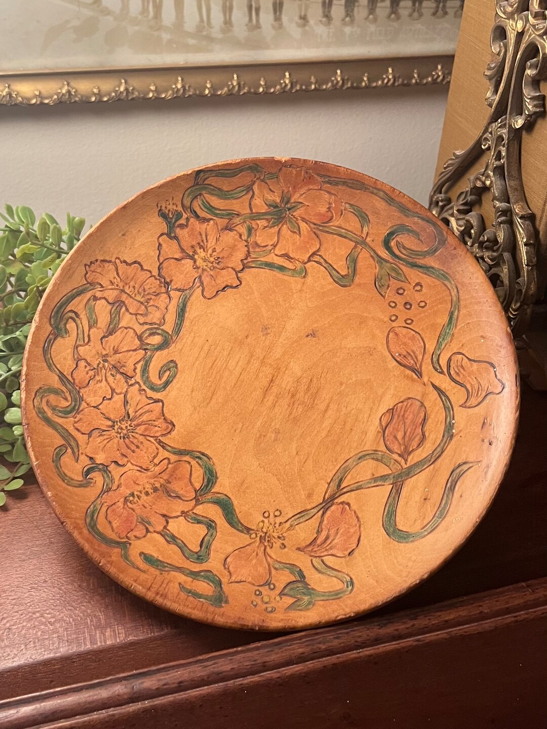 Antique Victorian Flemish Pyrography Floral Carnation Dish/tray/plate ...