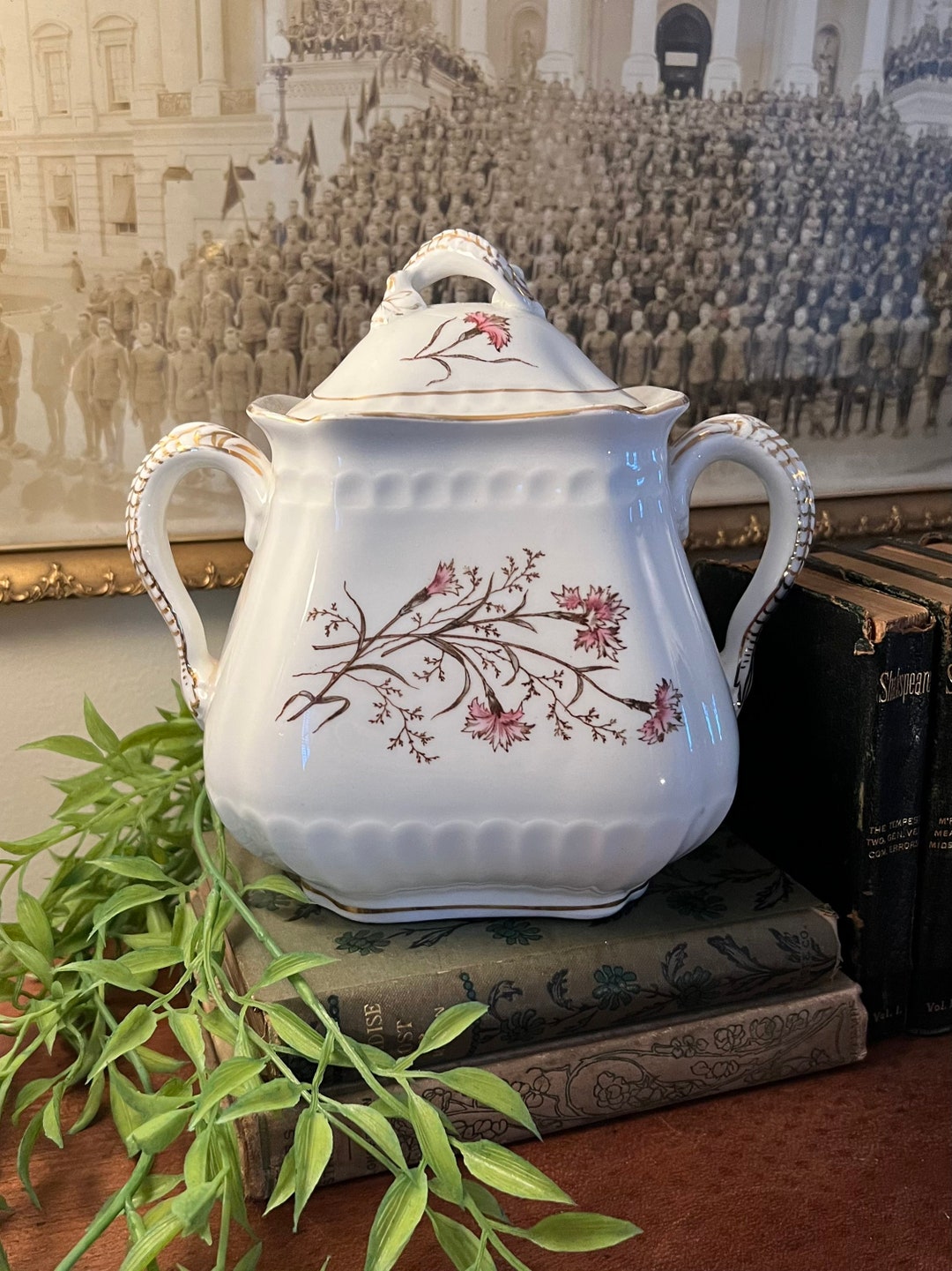 Antique John Maddock & Sons Ironstone Sugar Jar W/ Floral Transfer: Ca ...