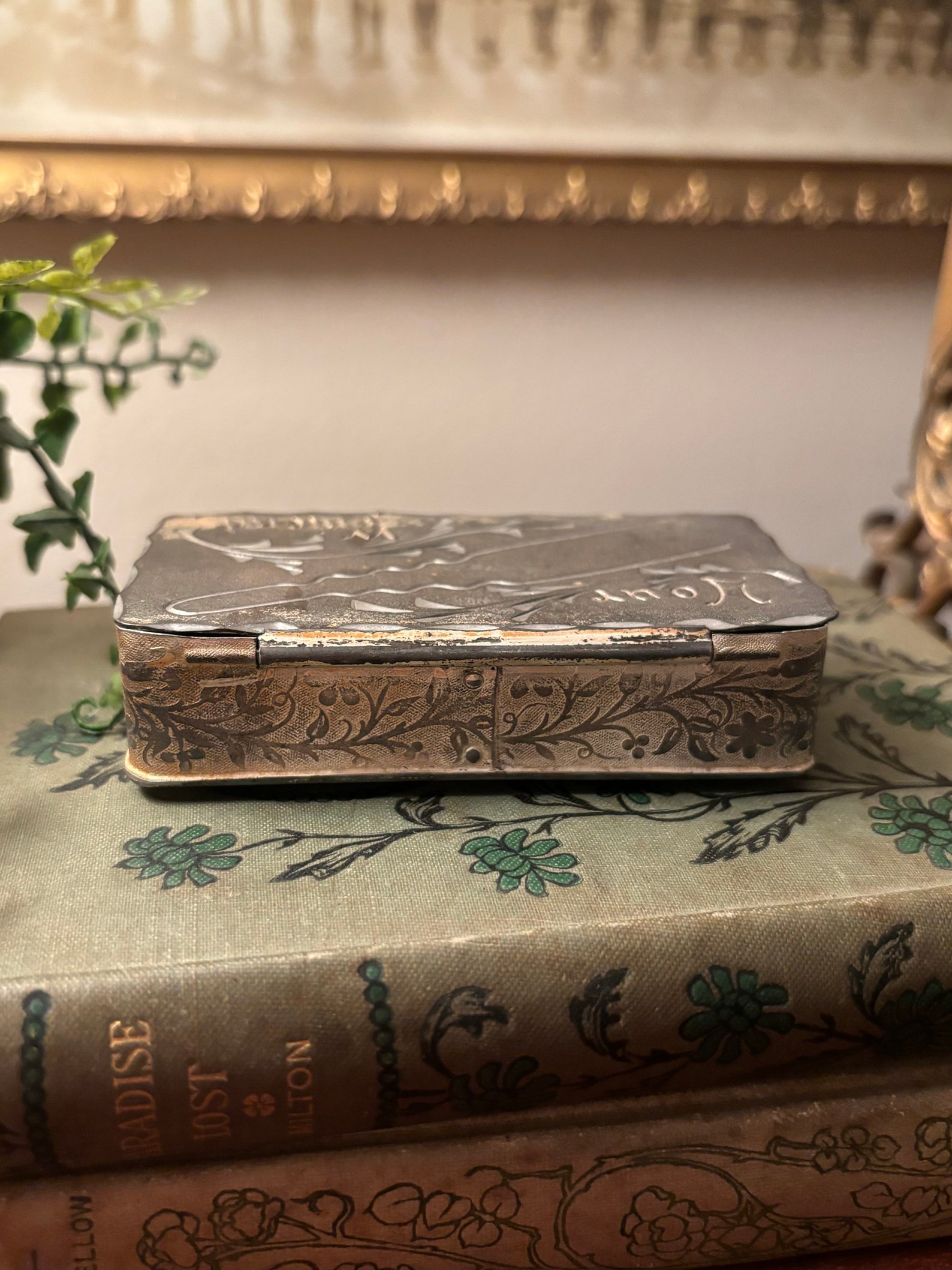 Antique Victorian Silverplate Hair Pin Box W/ Floral Details & Engraved ...