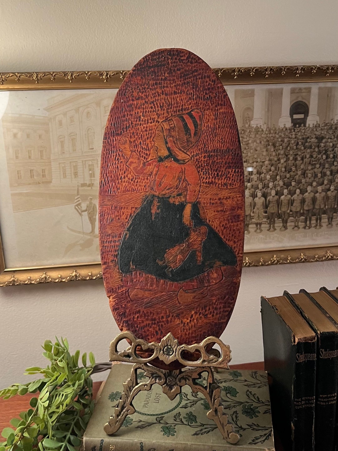 Antique Victorian Flemish Pyrography Wall Art Plaque of Distressed Girl ...