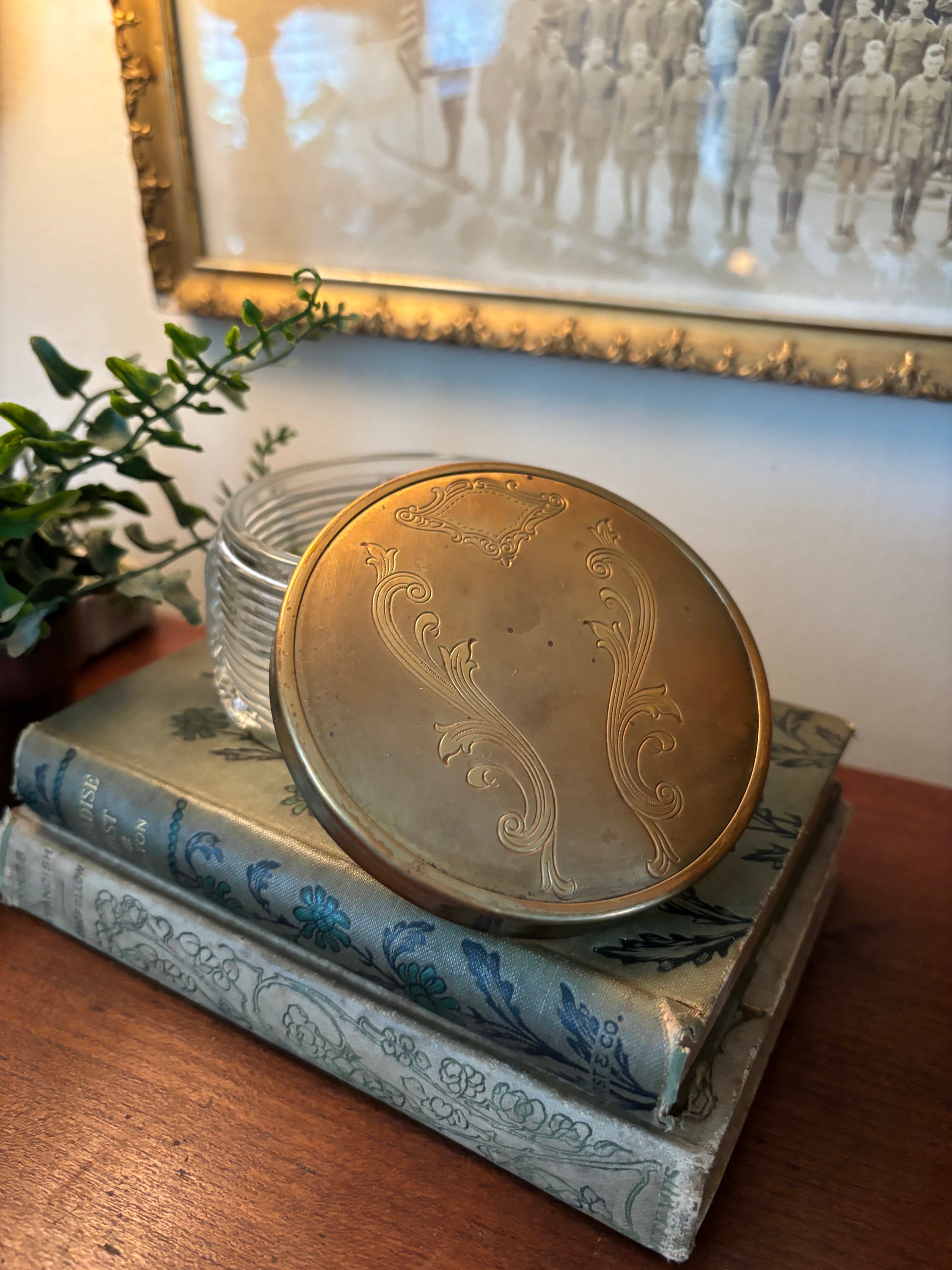 Early Vintage Art Deco Glass and Gold-tone Vanity Powder Jar: Ca. 1920 ...