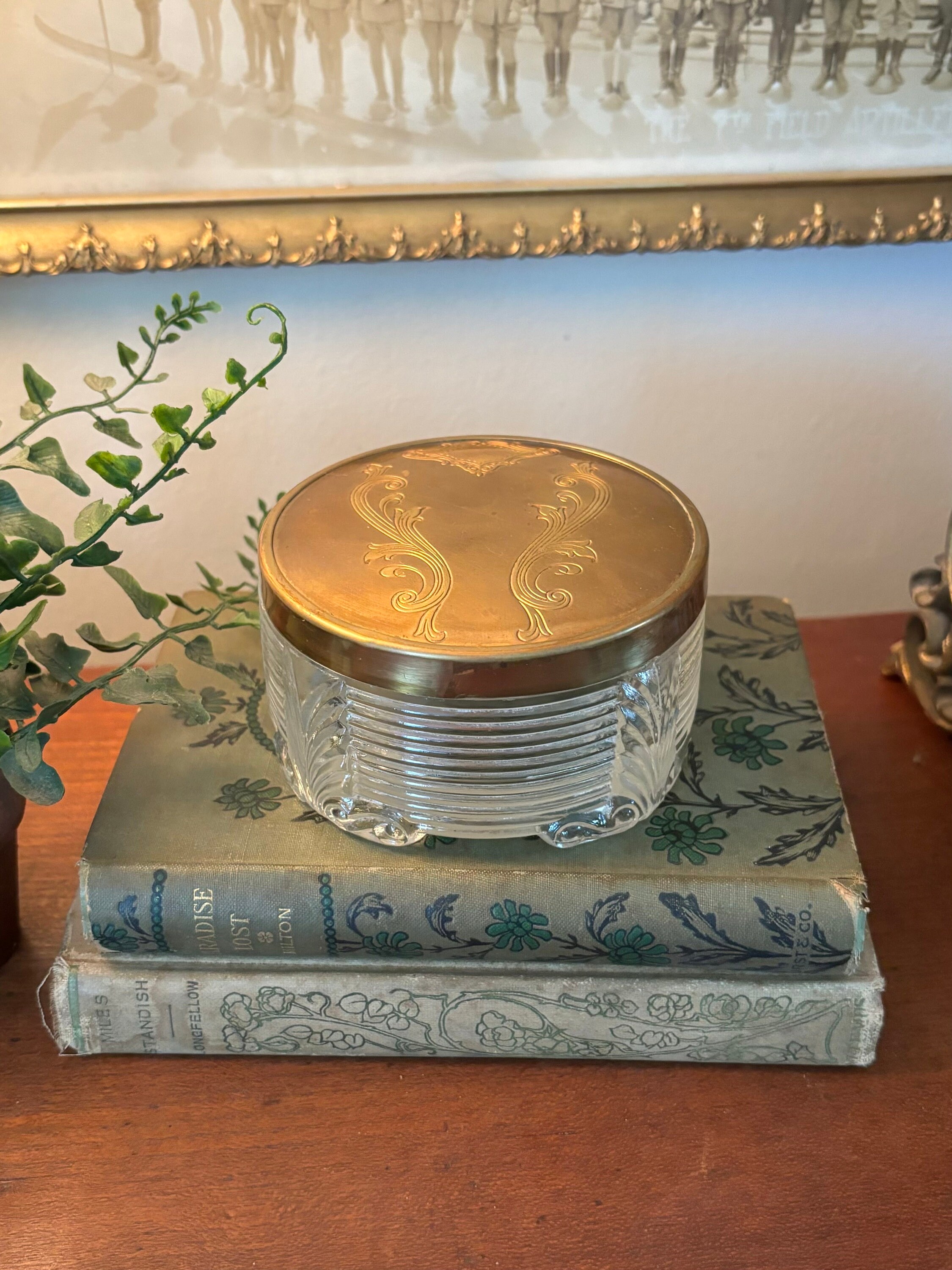 Early Vintage Art Deco Glass and Gold-tone Vanity Powder Jar: Ca. 1920 ...