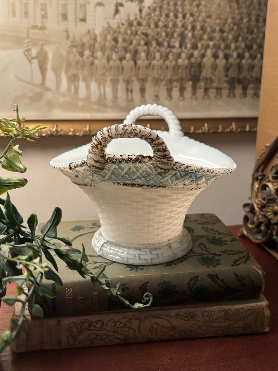 Antique Victorian Milk Glass Woven Basket W/ Blue & Gold Details: Ca ...