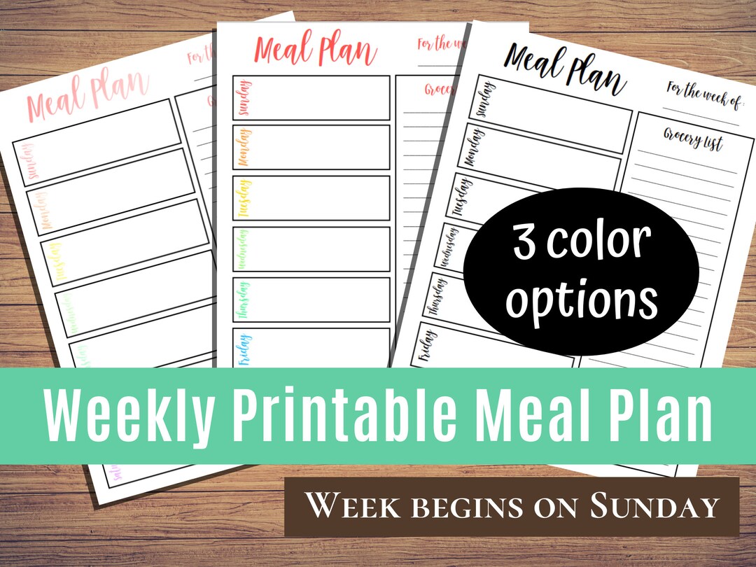 Weekly Printable Meal Plan SUNDAY START Downloadable Meal Plan, Dinner ...