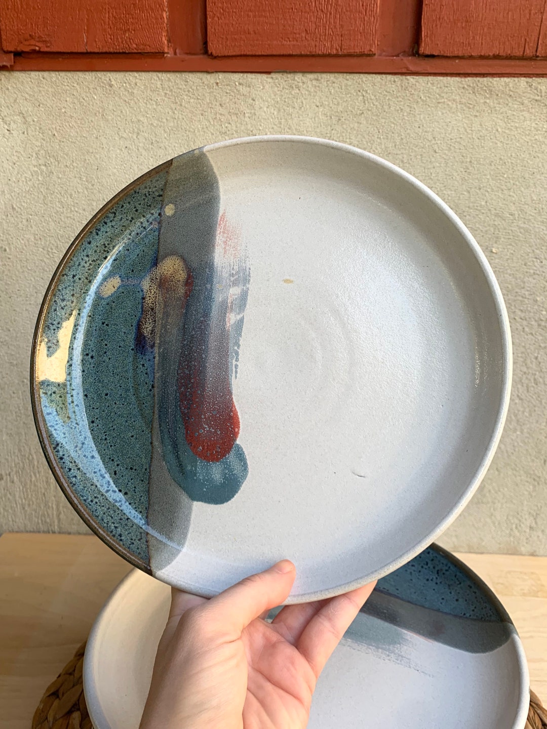 Handmade Ceramic Plates in White and Blue With Primary Colors/ Pottery ...