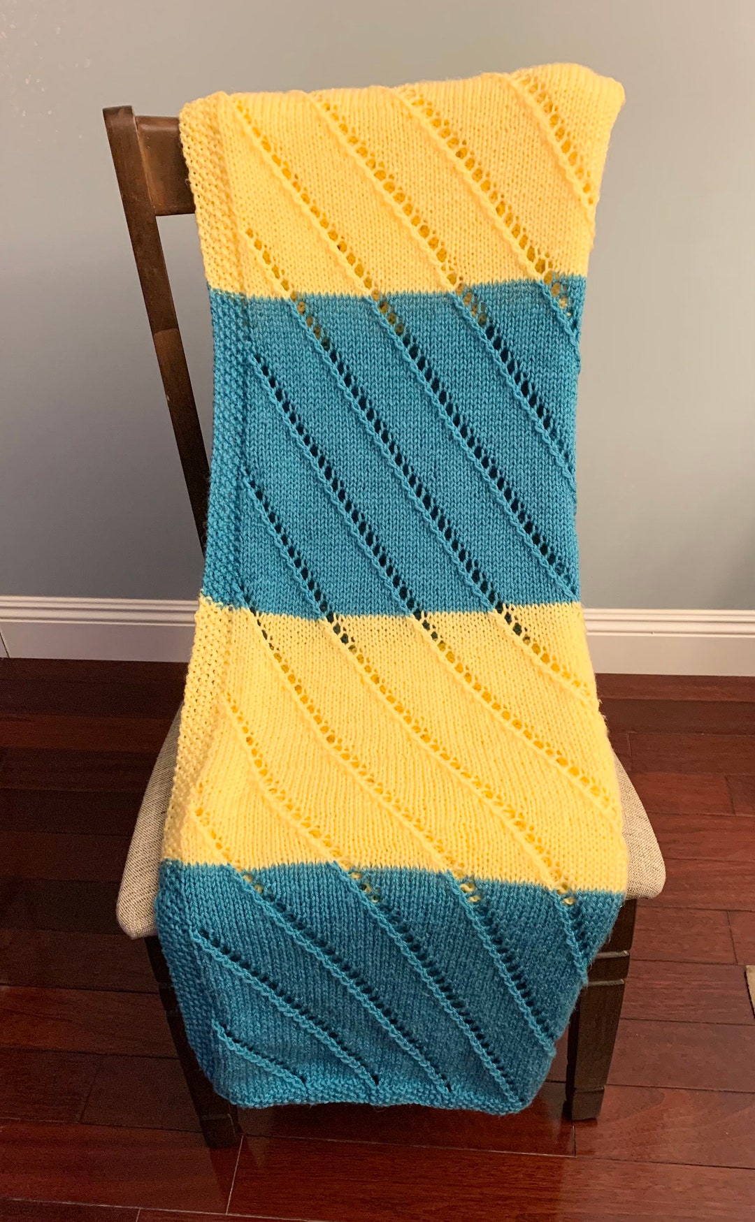 Blue and Yellow Afghan, Knitted Afghan,handmade Afghan ,blue Yellow ...