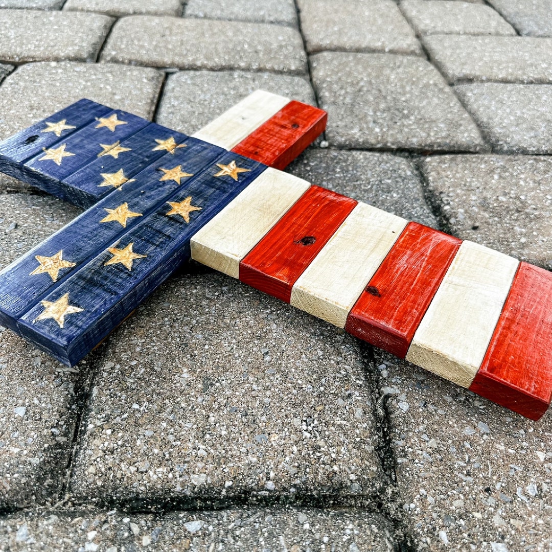 American Flag Wood Cross, Patriotic Decor, Religious Decor, Rustic Wood ...