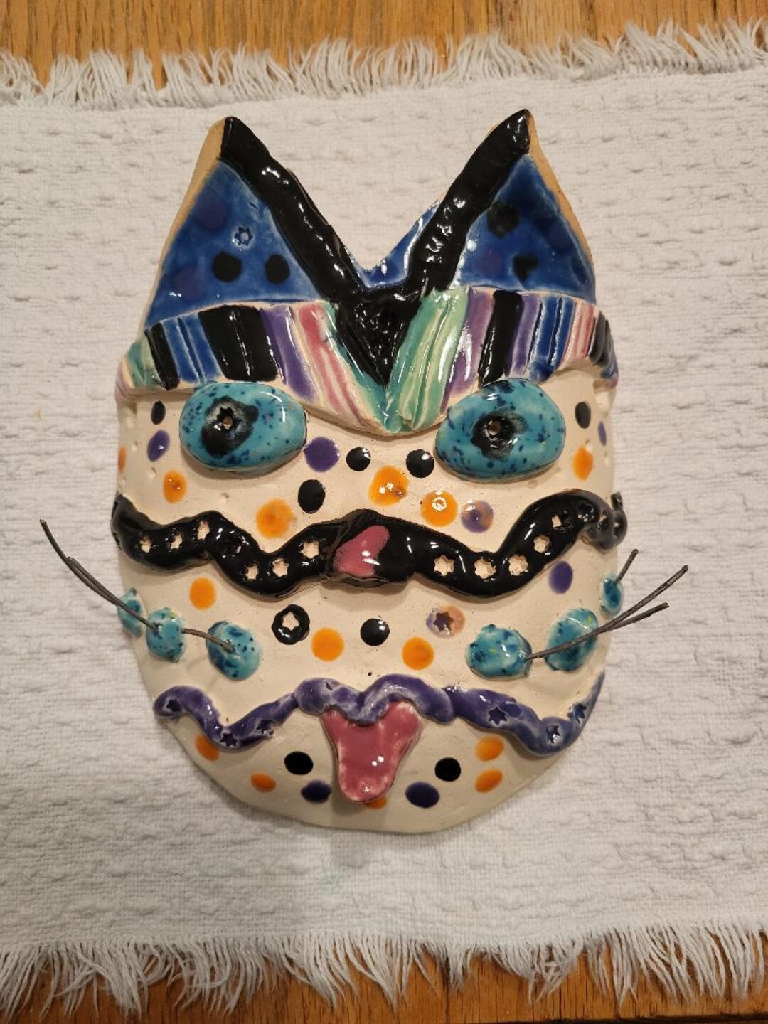 Unique Ceramic, Cat Mask Wall Hanging , Colorful With Wire Whiskers. - Etsy