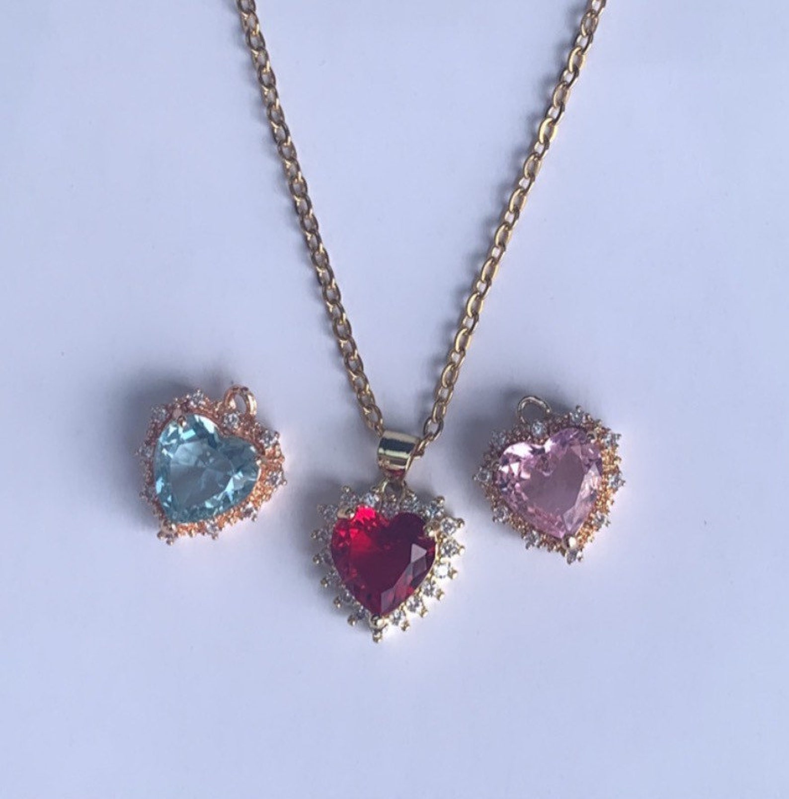 Red Heart Gem Necklace 18k Gold Plated Heart Charm Necklace | Etsy Canada