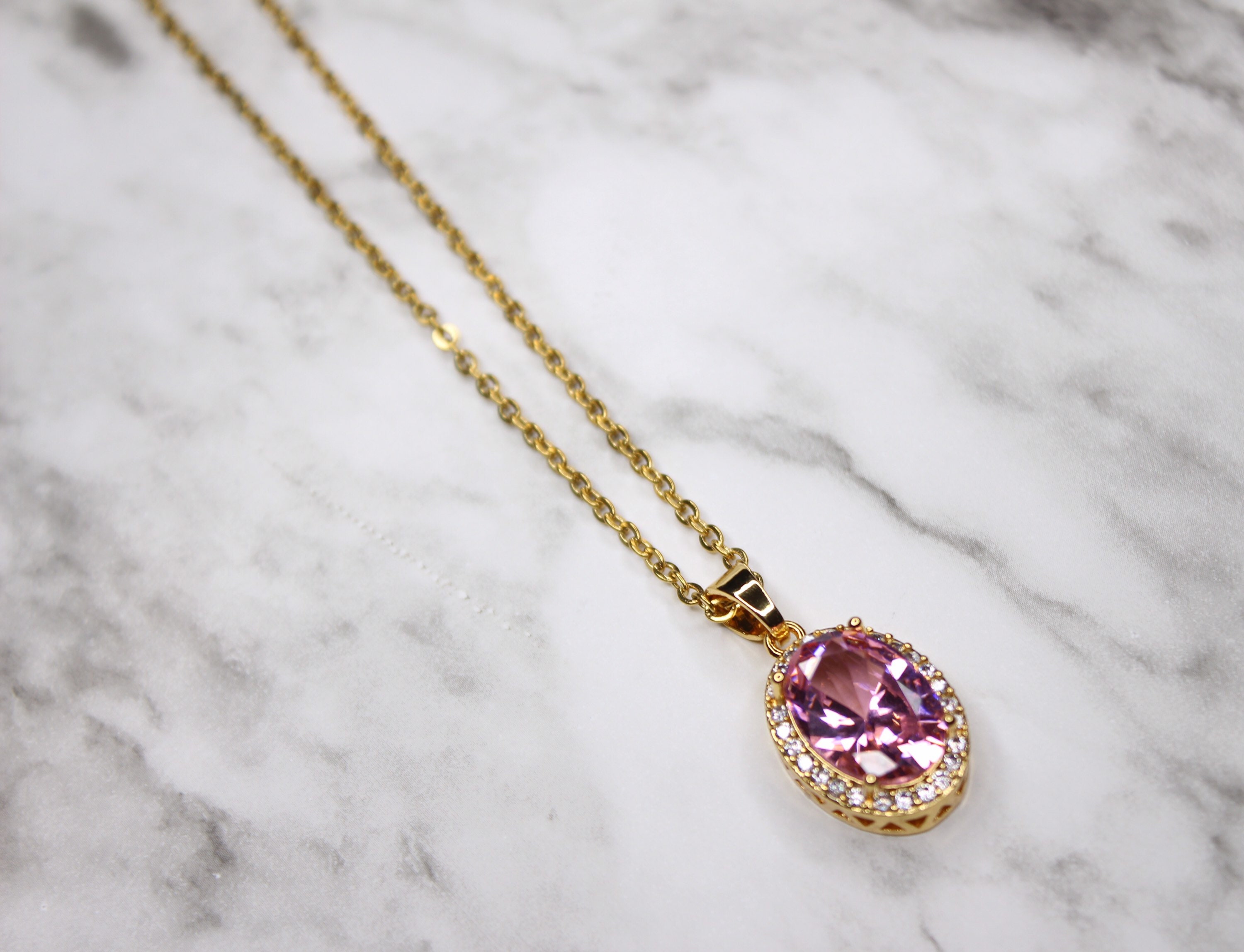 Pink Gem Necklace Gold Filled Pendant Necklace 18k Gold Etsy