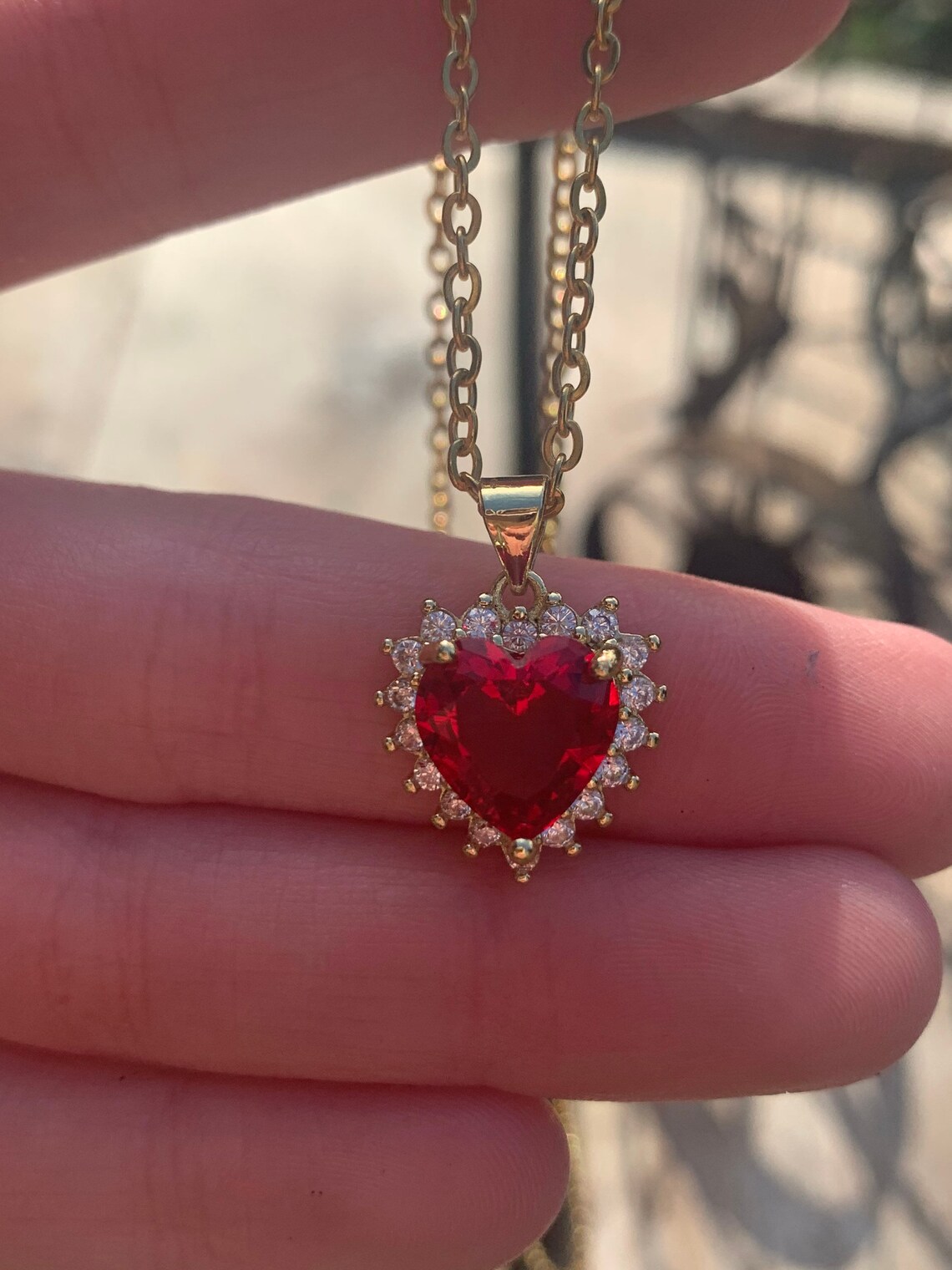 Red Heart Gem Necklace 18k Gold Plated Heart Charm Necklace - Etsy