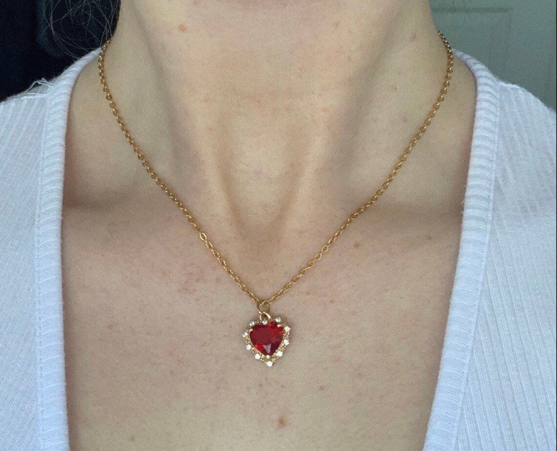 Red Heart Gem Necklace 18k Gold Plated Heart Charm Necklace - Etsy
