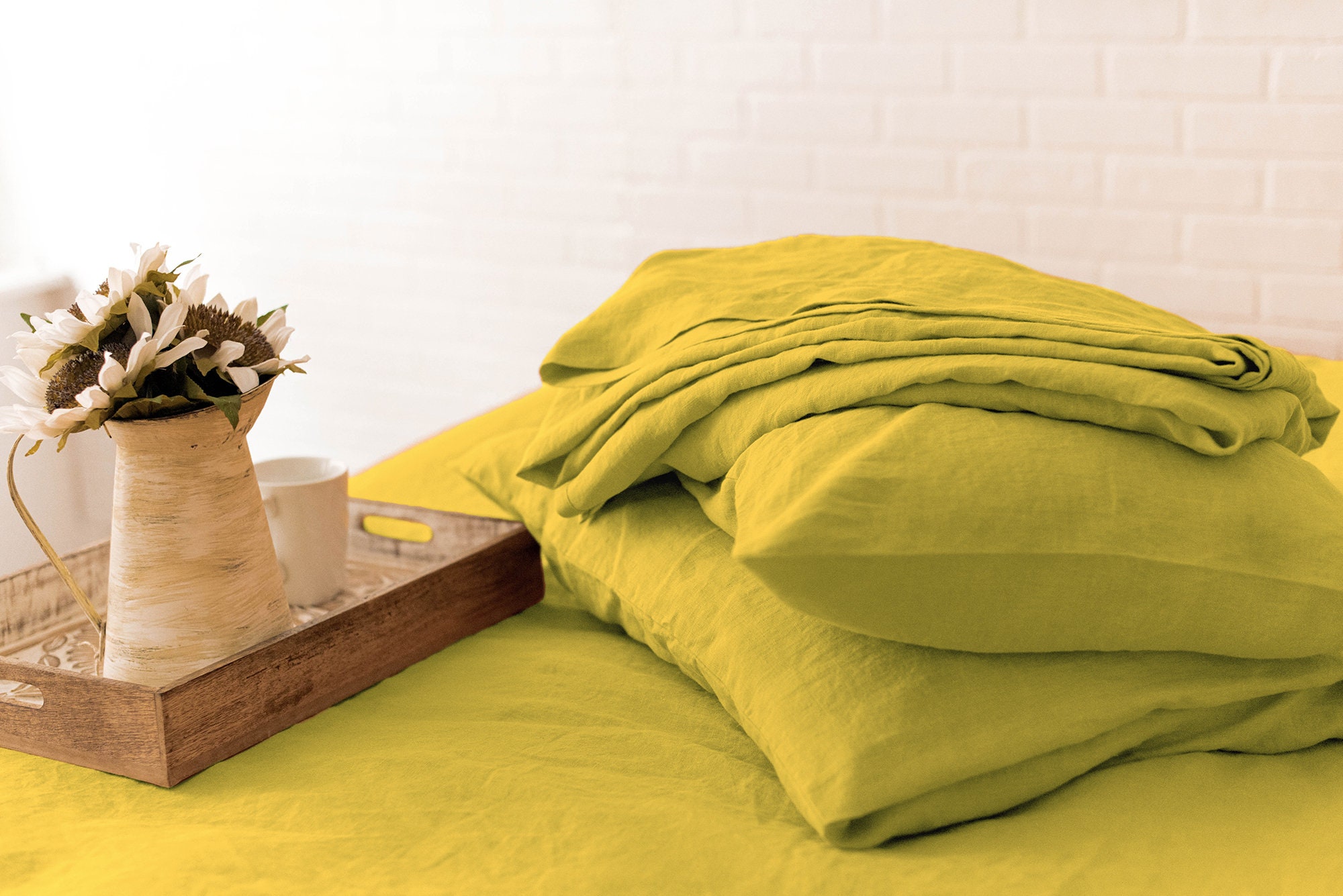 Yellow Linen Bedding Set 4 Pieces Fitted Sheet Flat Sheet - Etsy España