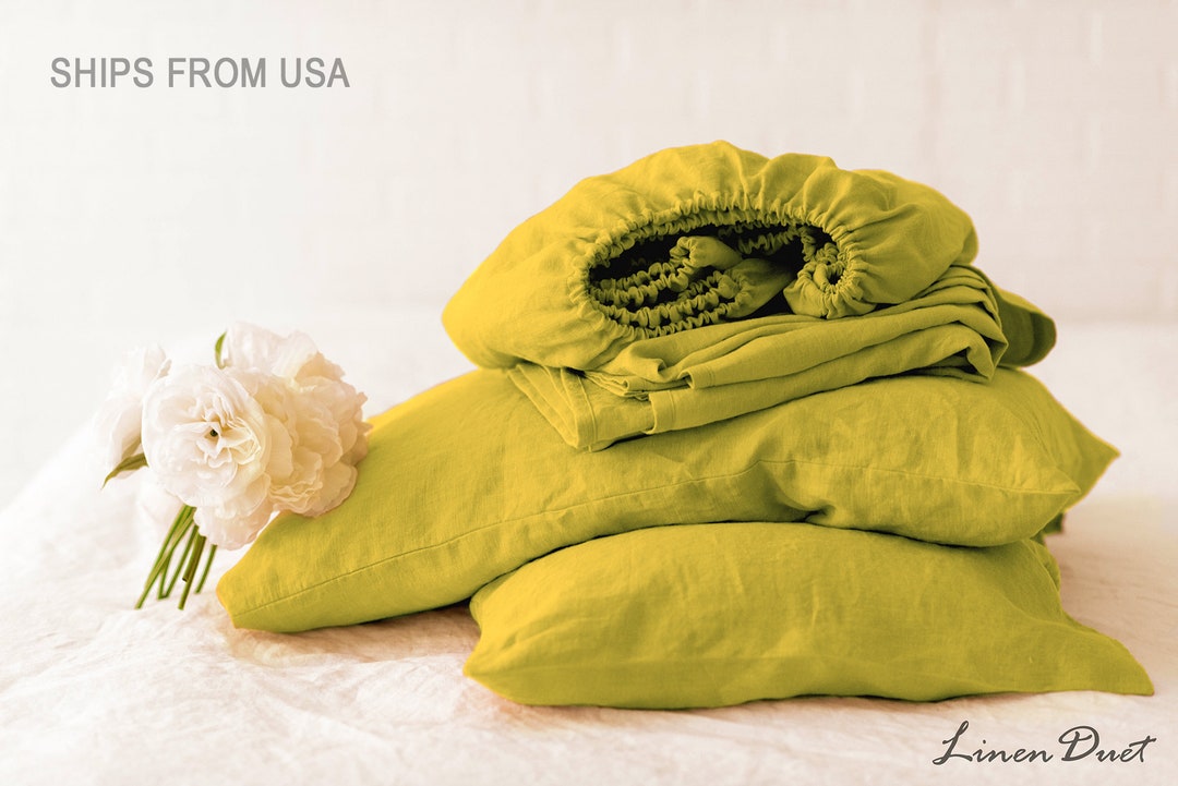 Yellow Linen Bedding Set 4 Pieces - Fitted Sheet, Flat Sheet, 2 ...