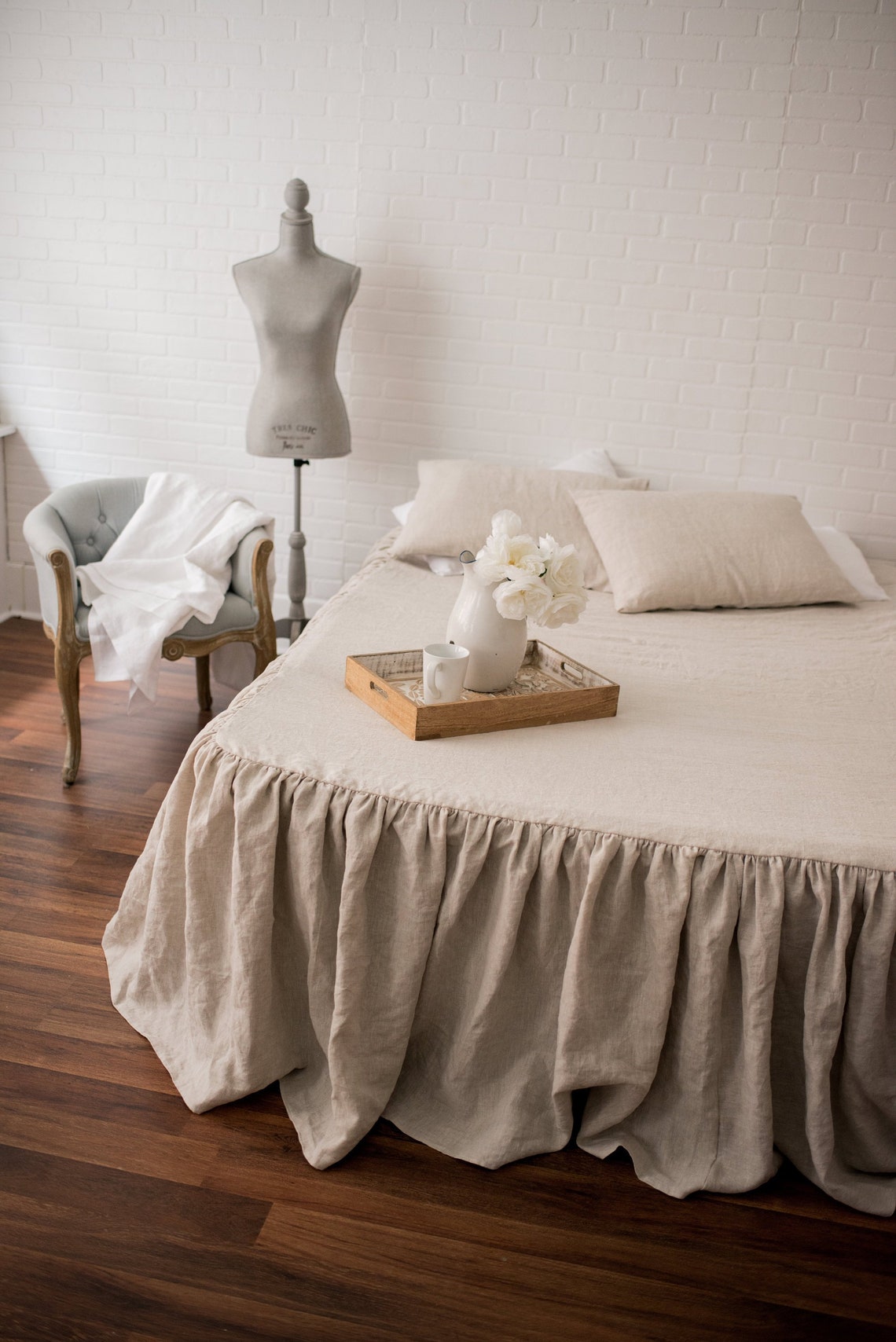 Linen Ruffled Bed Coverlet Linen Bedding Natural Flax | Etsy