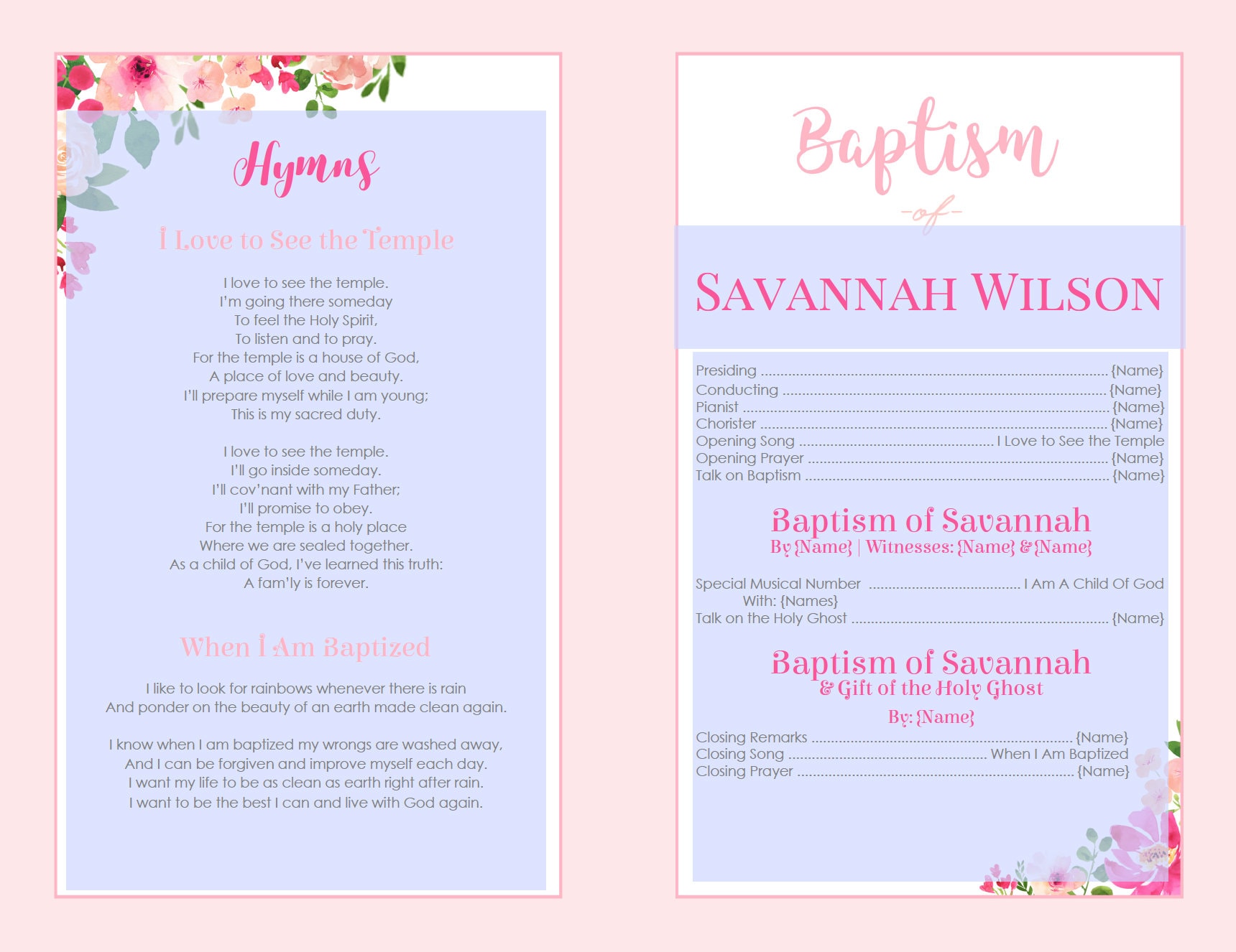 Pink Floral Baptism Program