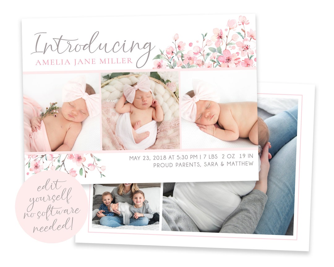 Floral Baby Girl Birth Announcement Template (DIY Corjl) - Etsy