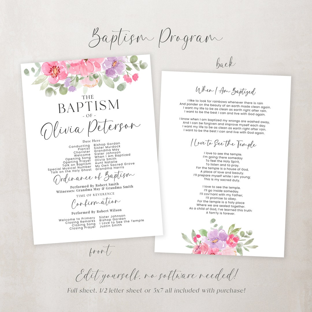 LDS Girl Baptism Program Template: Customizable Floral Design - Etsy