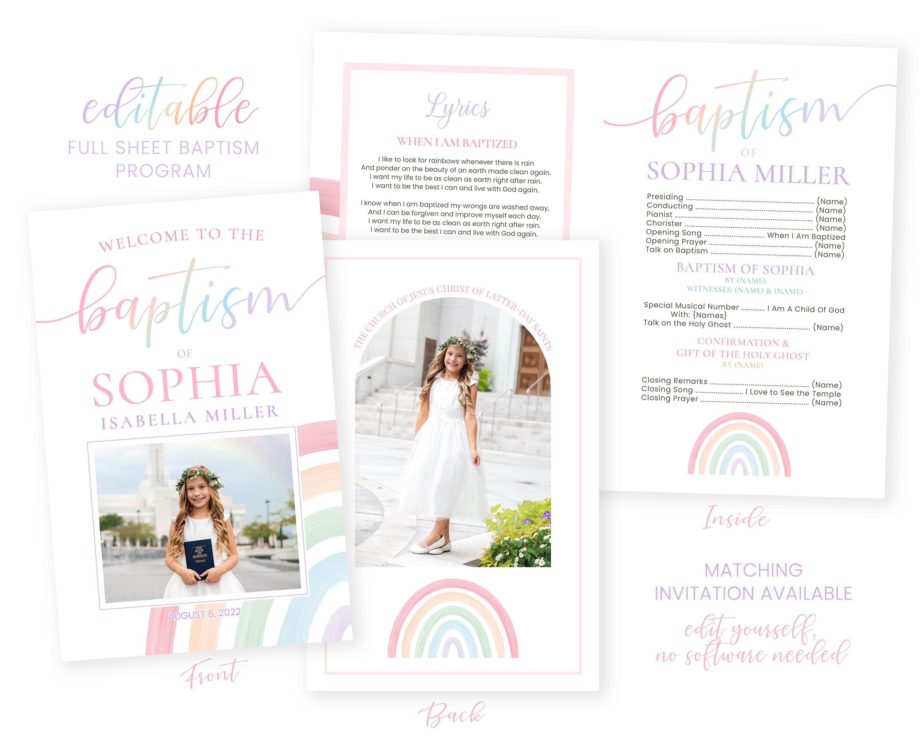 LDS Baptism Program Rainbow Baptism Program LDS Girl Editable Girl 