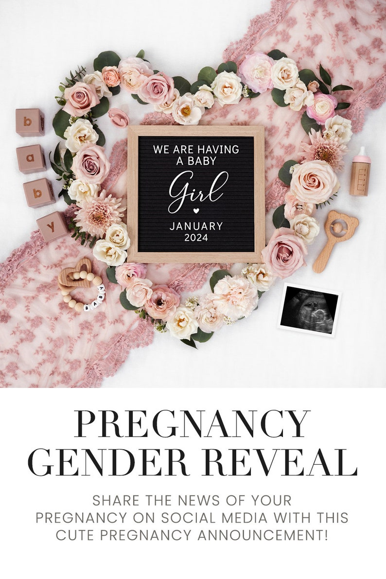 Girl Pregnancy Announcement: Floral Heart, Social Media Template ...