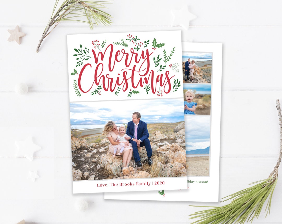 Holly Christmas Photo Card Template: Editable Photoshop Design - Etsy