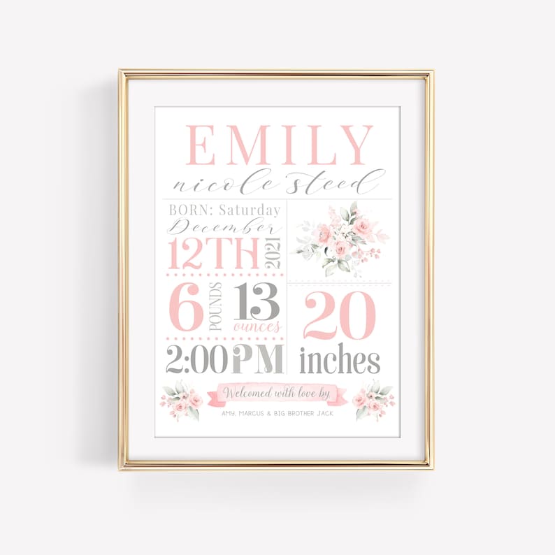 Girl Baby Stats Sign Nursery Stats Wall Art Birth | Etsy