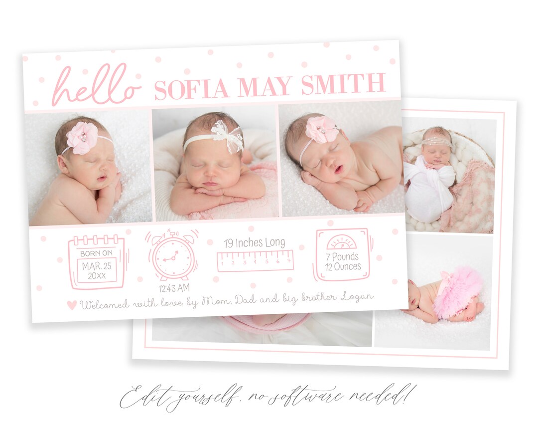 Baby Girl Birth Announcement Template: Photo Stats Card (corjl) - Etsy