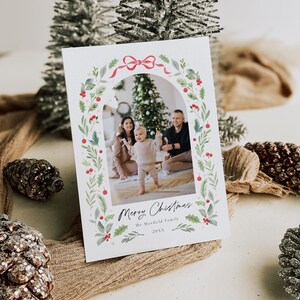 Botanical Christmas Photo Card Template: Bow & Holly (digital) - Etsy