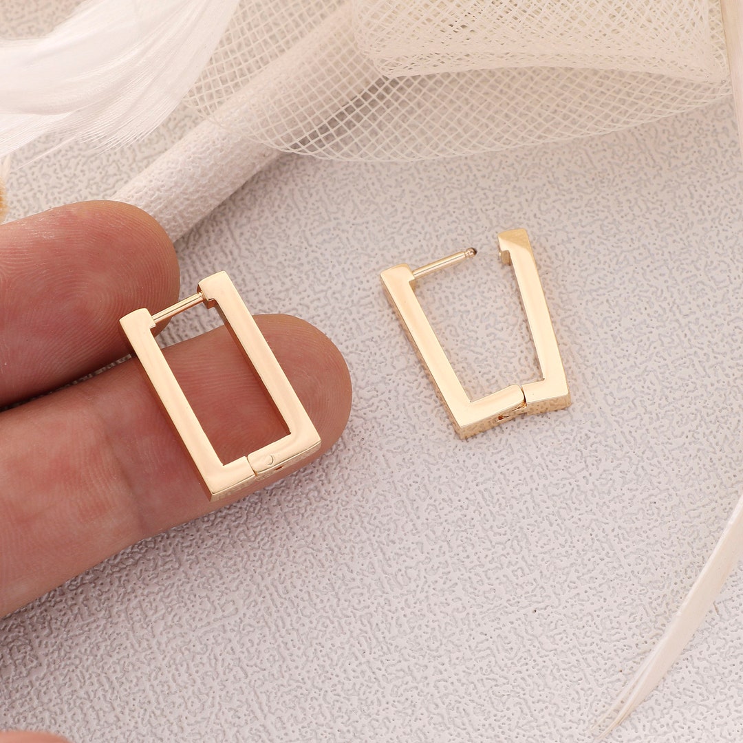 2pcs Real Gold Plated Rectangle Hoops, Rectangle Ear Hoop, Rings ...