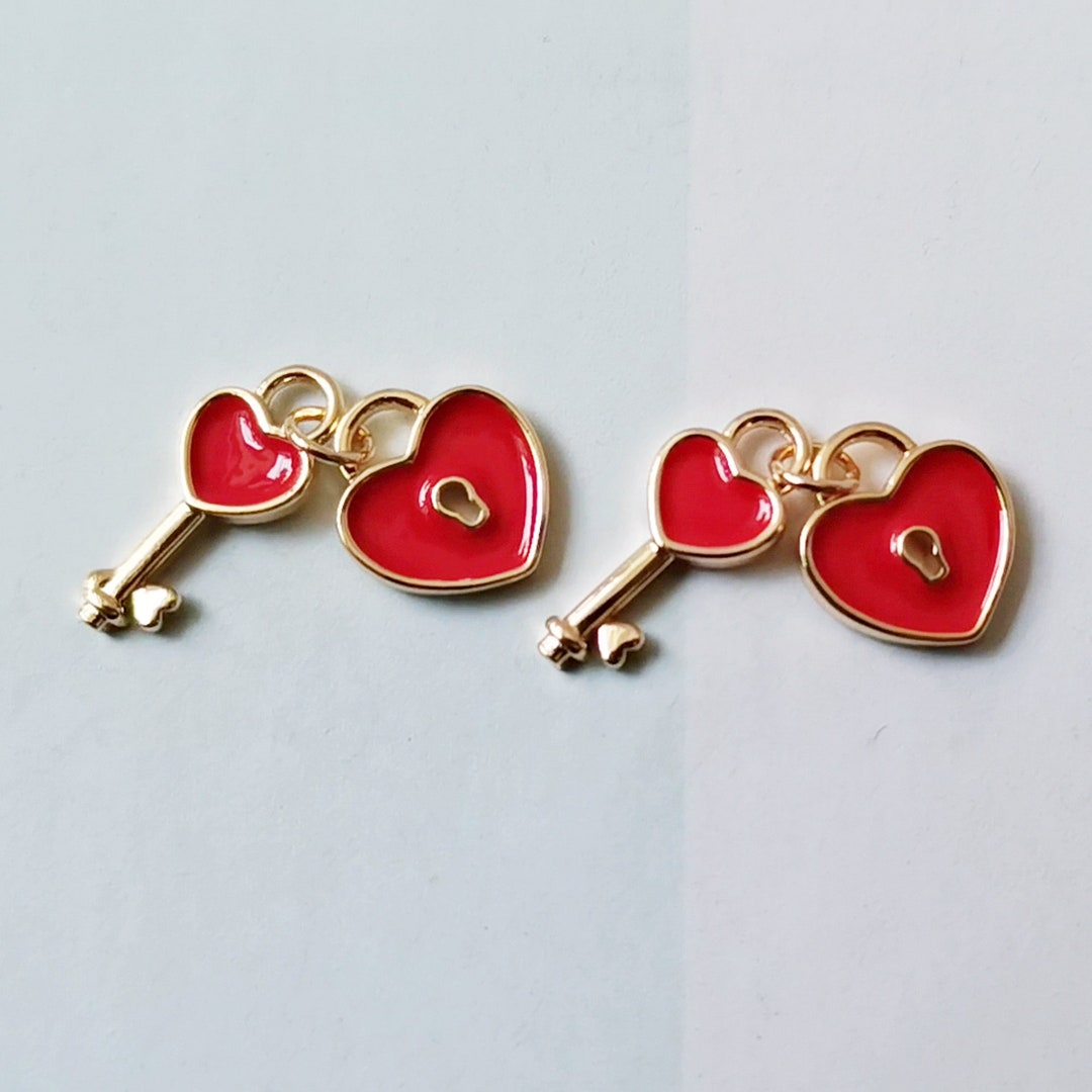 6pcs High Quality Real Gold Plated Lock and Key Charm, Enamel Heart Key ...