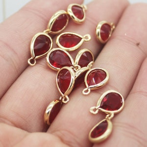 10pcs Gold Plated Teardrop Charm, Tiny Mini Glass Charm, Red Stone ...