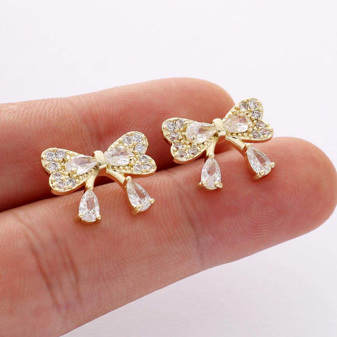 Real Gold Plated Brass Earring Posts,earring Stud,cz Pave Bowknot Stud ...