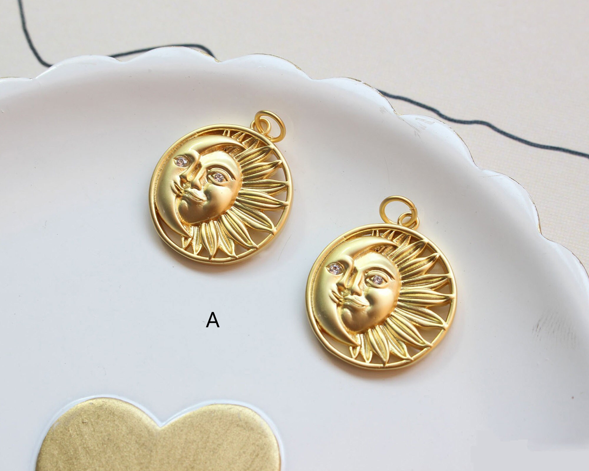 2PCS Real Gold Plated Beauty Charmmatt Gold Moon&sun | Etsy