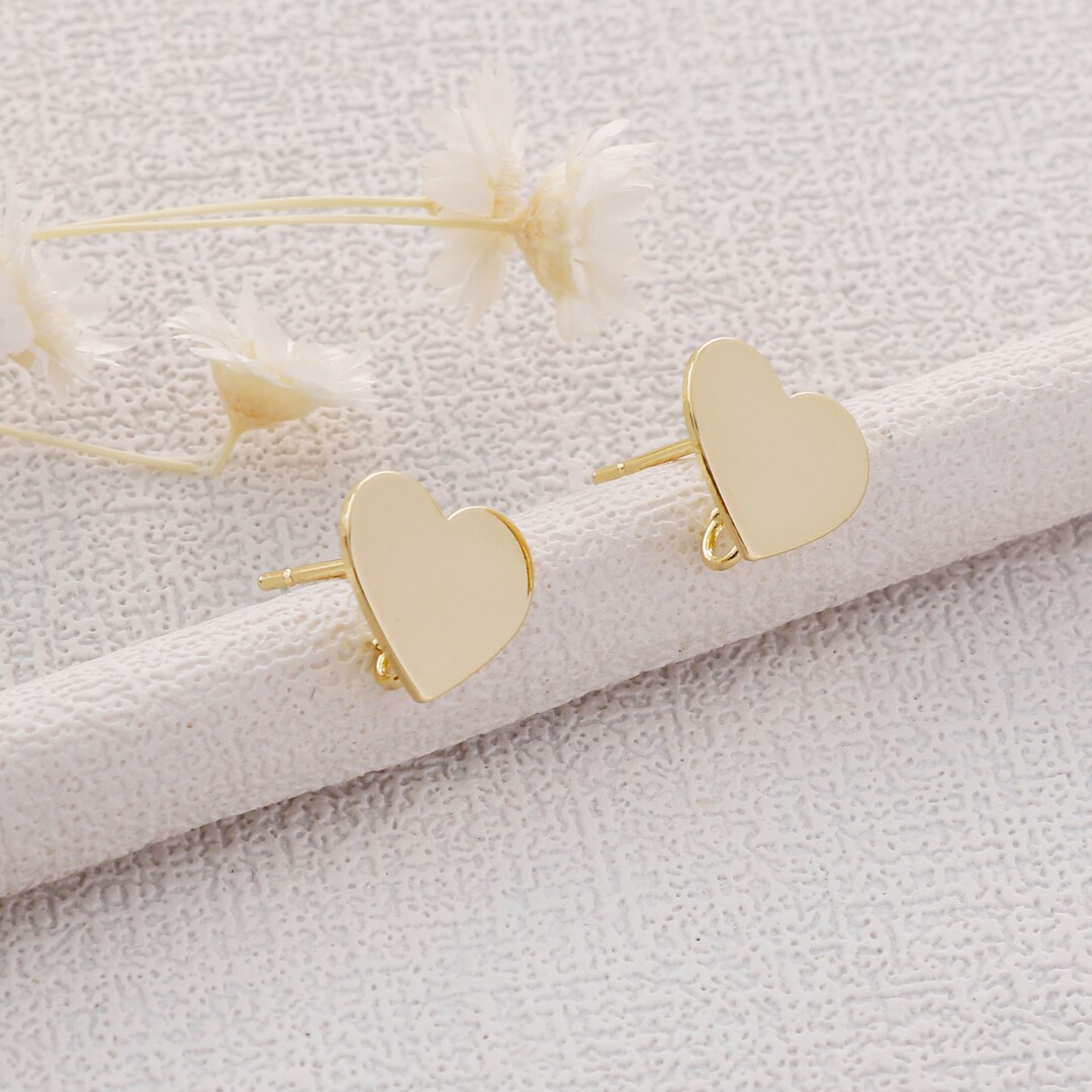 10PCS Real Gold Plated Brass Heart Shape Earring Posts, Earring Stud ...