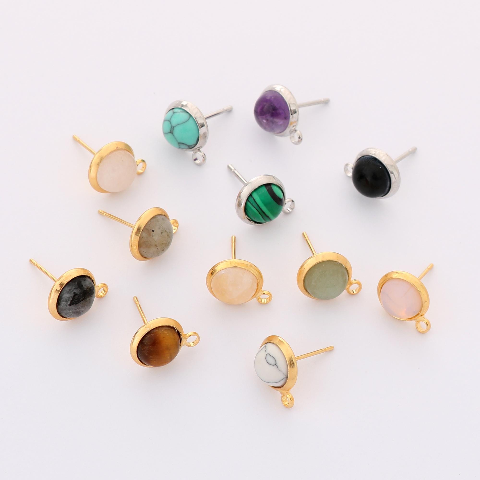 6pcs Real Gold Plated Natural Stone Earrings Stud,quartz Gemstone Stud ...