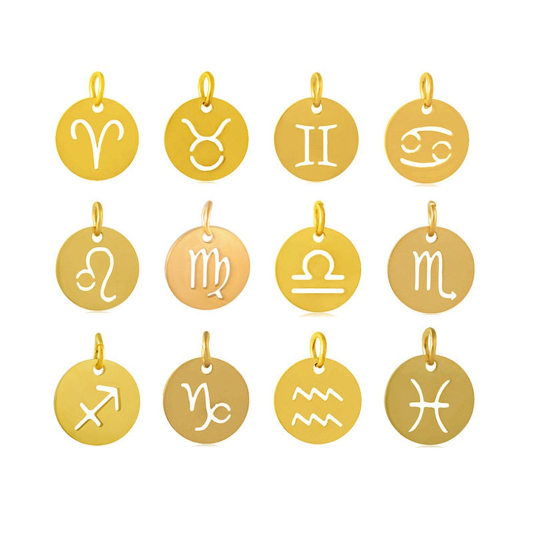 12pcs/set Stainless Steel 12 Zodiac Charm Pendants Circle Round Coin ...