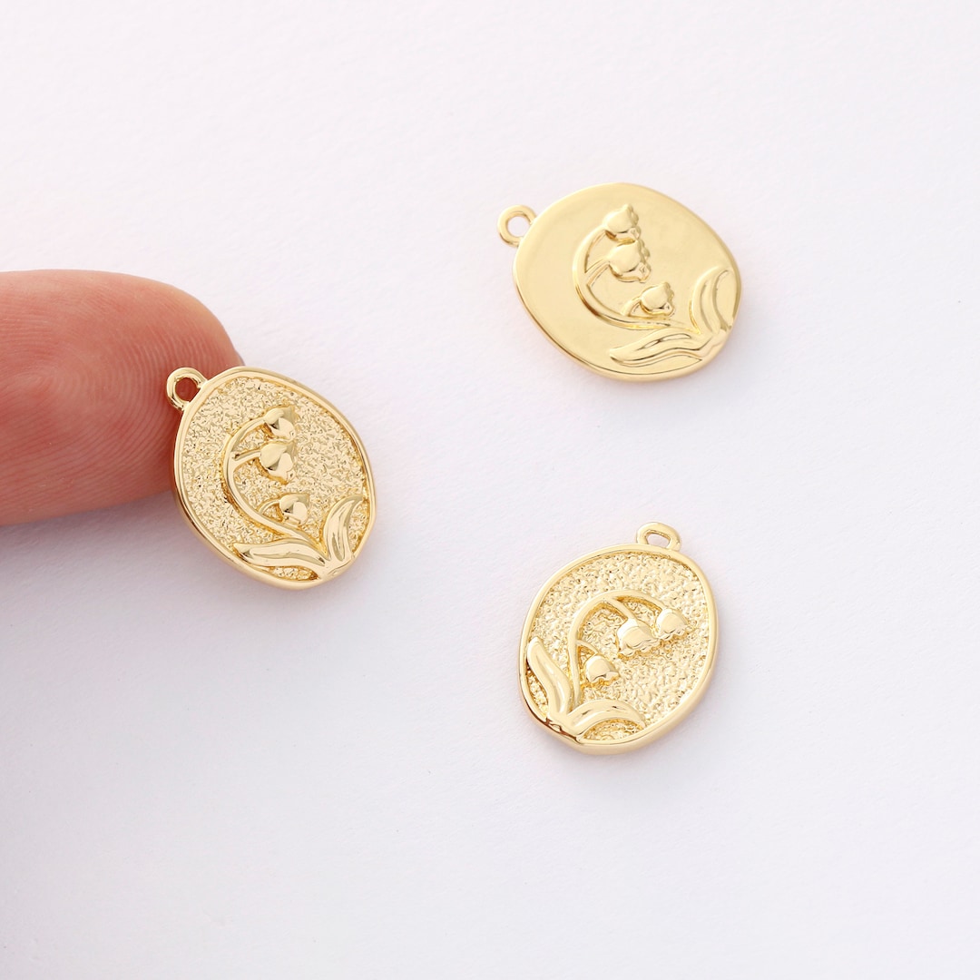 6pcs Real Gold Plated Birth Flower Charm, Oval Birth Month Flowers ...