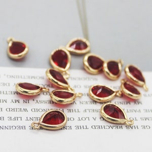10pcs Gold Plated Teardrop Charm, Tiny Mini Glass Charm, Red Stone ...