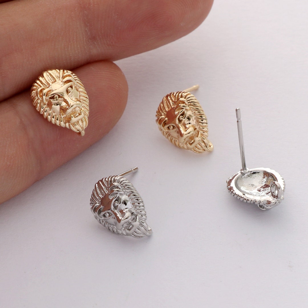 10pcs Real Gold Plated Lion Earrings W/ Ring, Lion Stud Earring,gold ...