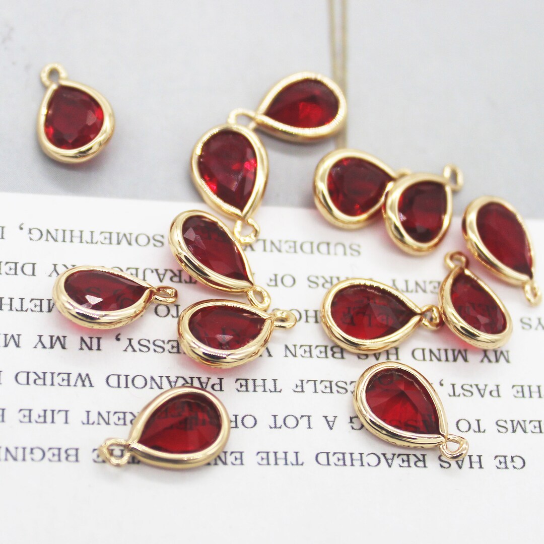 10pcs Gold Plated Teardrop Charm, Tiny Mini Glass Charm, Red Stone ...