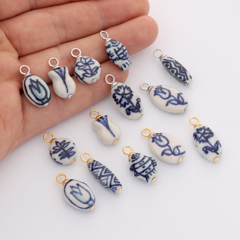 Vintage Blue and White Porcelain Bead Charm, Hand Painted Flowers ...