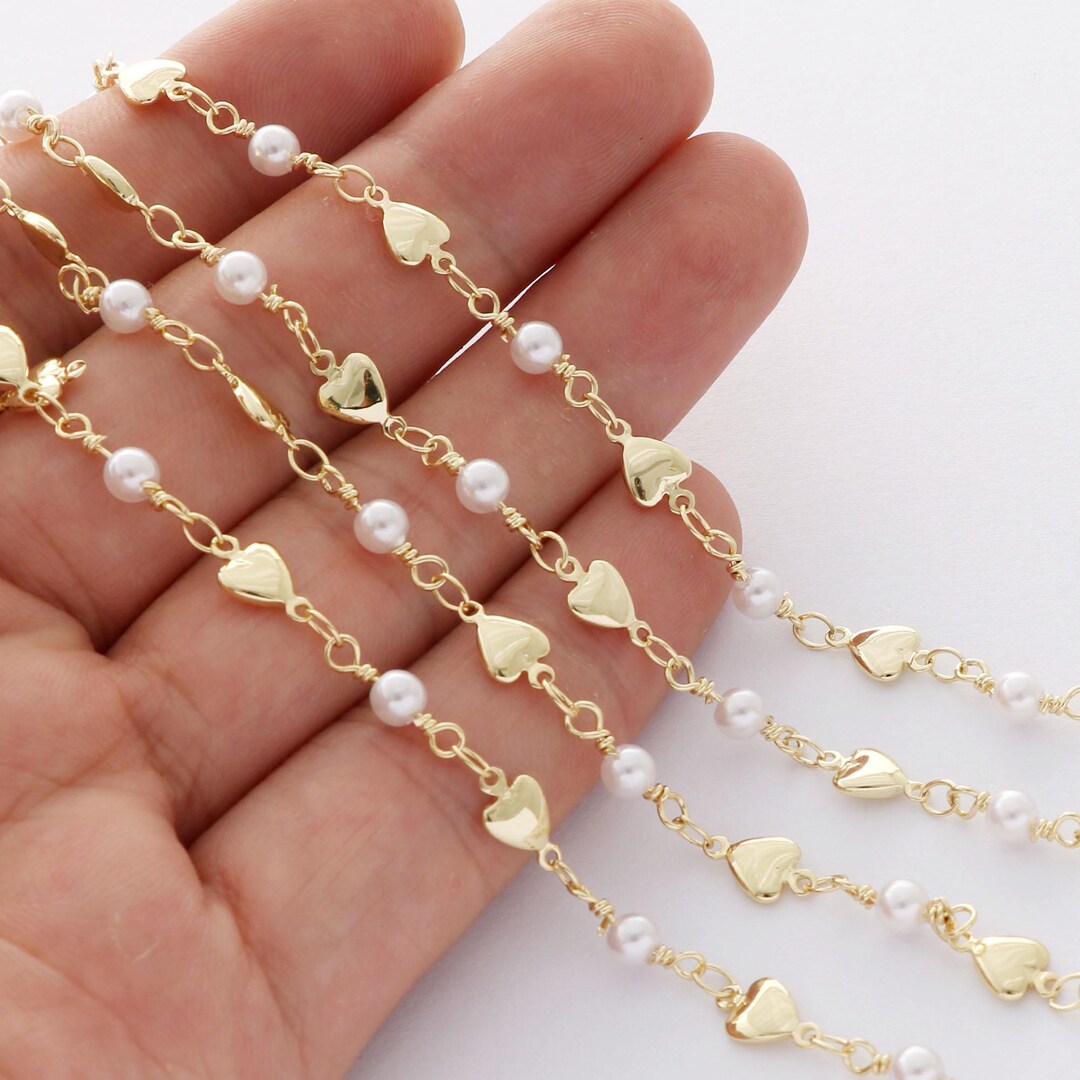 Real Gold Plated Love Heart Bead Pearl Chain,gold Heart Chain, Soldered ...