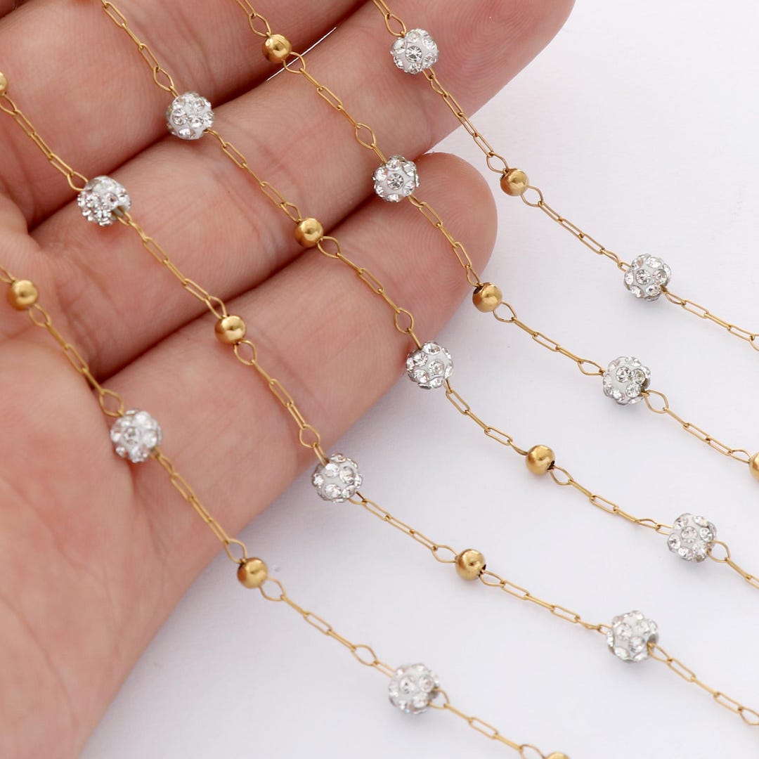 3.2 Feet 18K Gold Plated Stainless Steel White Crystal Rhinestone Disco ...
