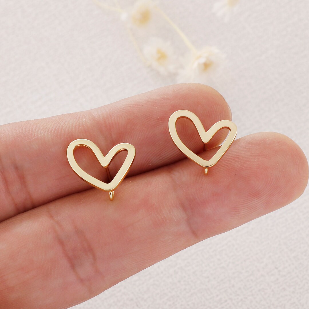 10PCS Real Gold Plated Brass Heart Shape Earring Posts, Earring Stud ...
