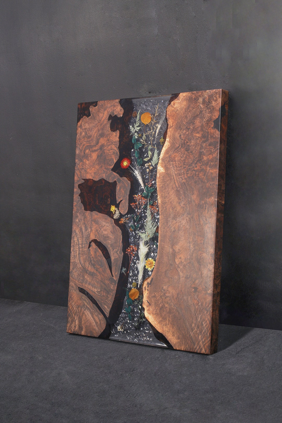 Customisable Walnut Burl Table With Floral Artresin Inlay Reclaimed ...