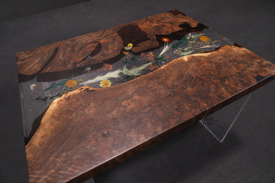 Walnut Burl Table Top With Custom Floral Artresin Inlay Salvaged ...
