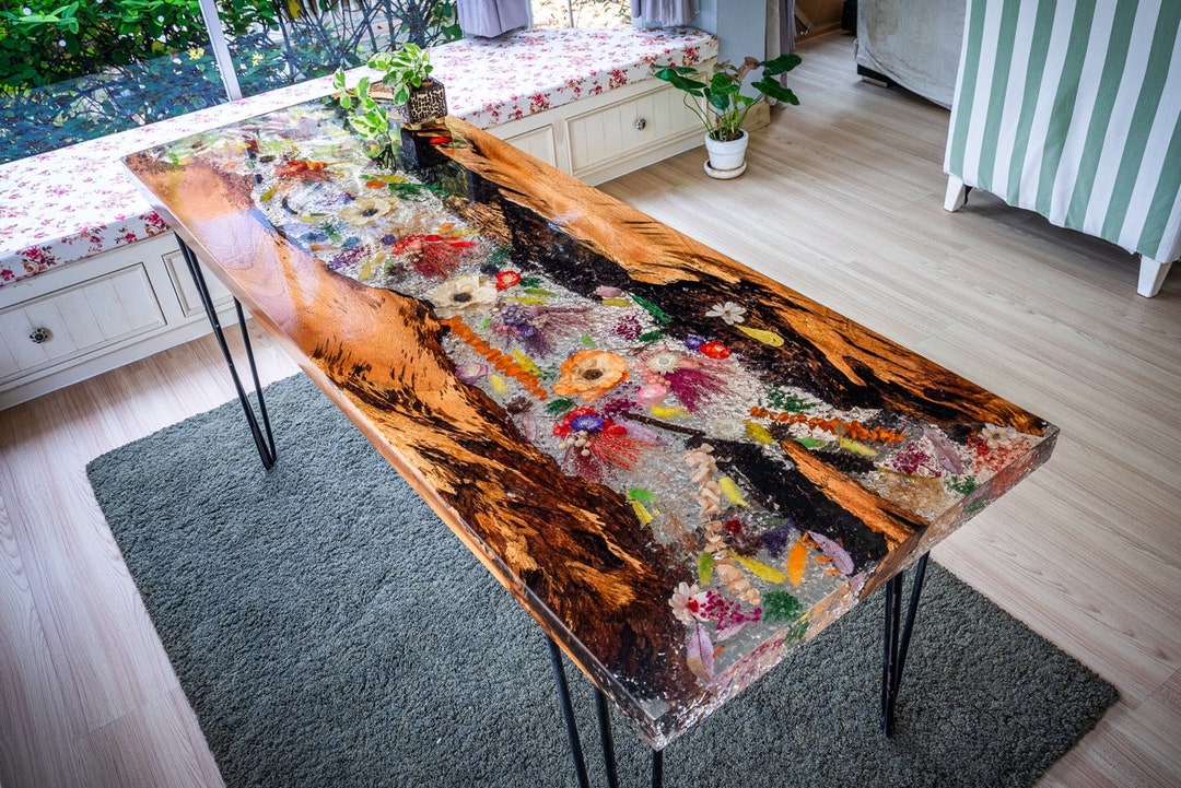Wood & Floral Art Resin Table | Acacia Wood With Botanical Art Resin ...